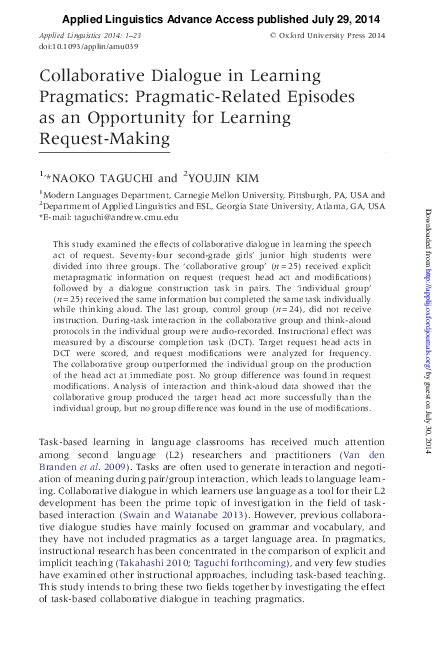 Pdf Collaborative Dialogue In Learning Pragmatics Pragmatics Related