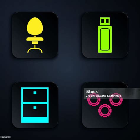 세트 기어 사무실 의자 보관 서류 서랍 및 Usb 플래시 드라이브 블랙 스퀘어 버튼 벡터 Usb 케이블에 대한 스톡 벡터 아트 및 기타 이미지 Istock