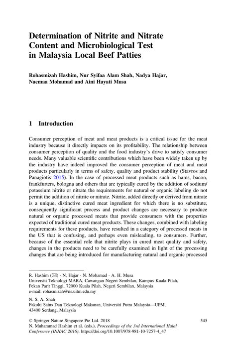 Pdf Determination Of Nitrite And Nitrate Content And Microbiological Test In Malaysia Local