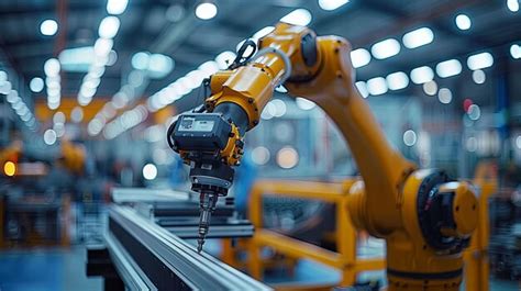 Yellow Industrial Robot Arm Performing Precision Task Premium Ai Generated Image