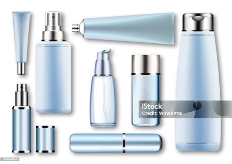 빈 블루 실버 플라스틱 현실적인 용기 유리병 스프레이 디스펜서 스포이드 화장품 패키지의 크림 Jar Tube3d 모형의 벡터 빈