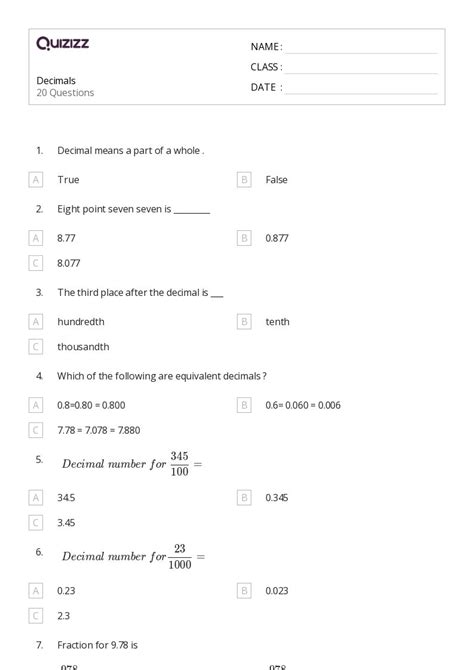 50 Decimals Worksheets For 4th Class On Quizizz Free And Printable
