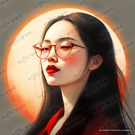 Ai创作图人物 头像 女性 插画风格 阳光向上 长发 眼镜 红色系 薄嘴唇 昵图网