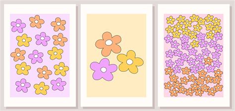 추상적 인 복고풍 미적 배경은 그루비 데이지 꽃으로 설정됩니다 빈티지 꽃 중반 세기 예술 인쇄물 히피 60 년대 70 년대 80 년대 스타일 트렌디 한 소녀 프리피 디자인