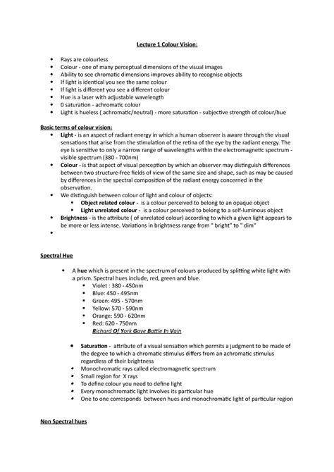 Visual Neuroscience Colour Vision Notes Al Lecture 1 Colour Vision
