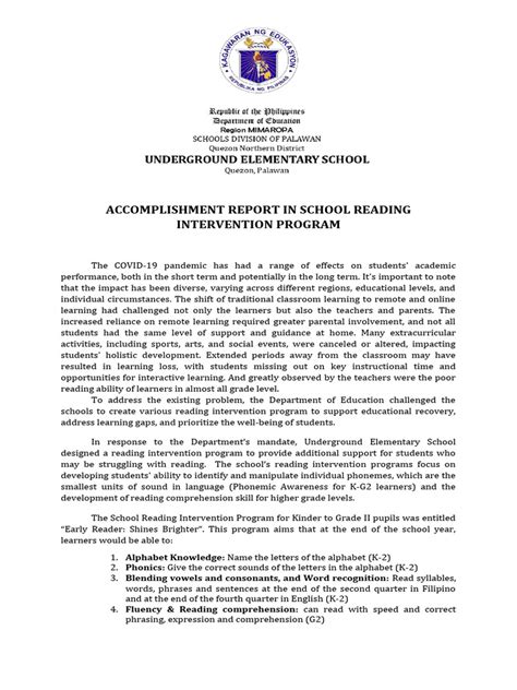 Accomplishment Report In Reading Intervention Pdf