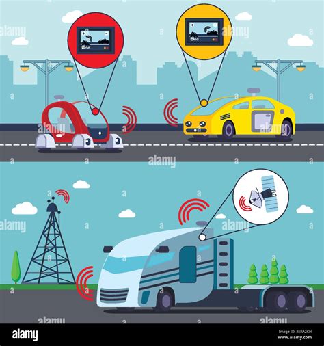 Autonomous Driverless Vehicles On Road 2 Flat Horizontal Banners With