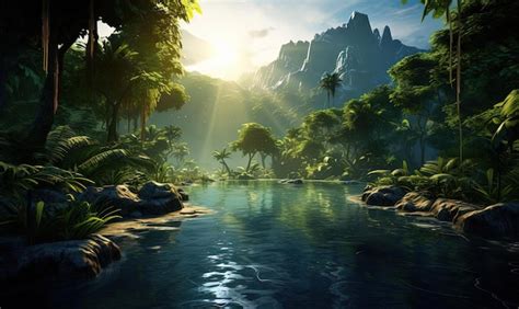 Premium AI Image The Sunlight Illuminates A Tropical Jungle In The Style Of Realistic