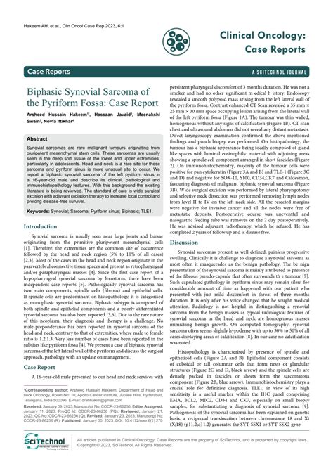 Pdf Biphasic Synovial Sarcoma Of The Pyriform Fossa Case Report