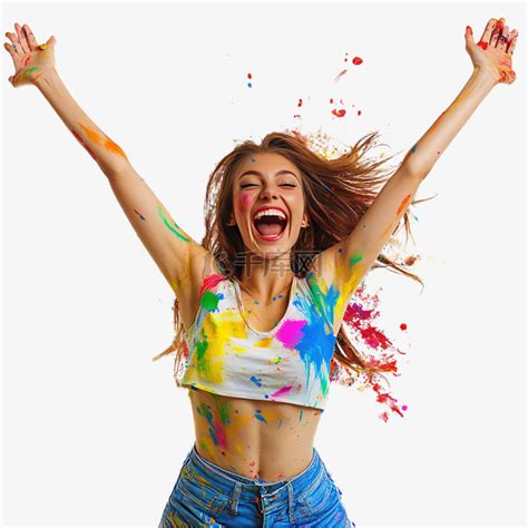 快乐和兴奋的女人与五颜六色的油漆溅素材图片免费下载 千库网