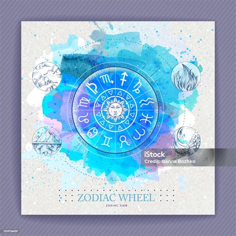 수채화 배경에 조디악 표지판이있는 현대 마법 마술 점성술 바퀴 별자리 벡터 일러스트레이션 점성술 기호에 대한 스톡 벡터 아트 및