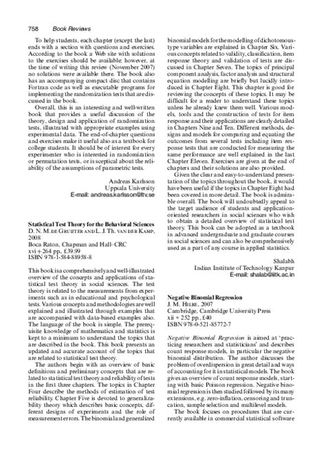 Pdf Statistical Test Theory For The Behavioral Sciences By Dato Nm De Gruijter Leo J Th Van