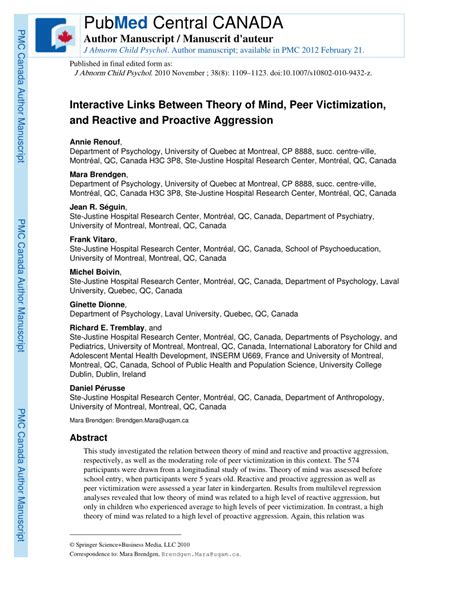 Pdf Interactive Links Between Theory Of Mind Peer Victimization And Reactive And Proactive