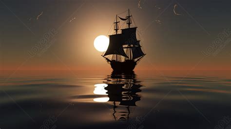 개기 일식 속에서 해적선 실루엣의 놀라운 3d 렌더링 거울 반사 포함 바다 전망 배경 요트 배경 놀라 배경 이미지 Hd 바다 전망 요트 놀라 배경 사진 무료