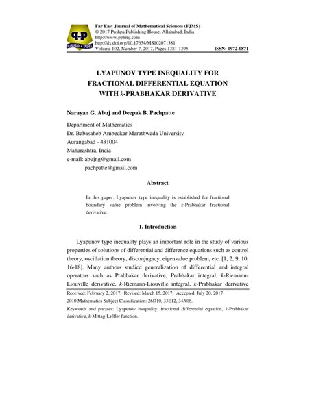 Pdf Lyapunov Type Inequality For Fractional Differential Equation With K Prabhakar Derivative
