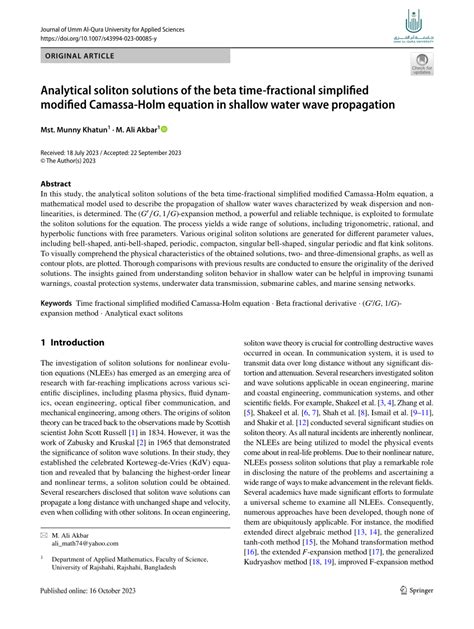 Pdf Analytical Soliton Solutions Of The Beta Time Fractional Simplified Modified Camassa Holm