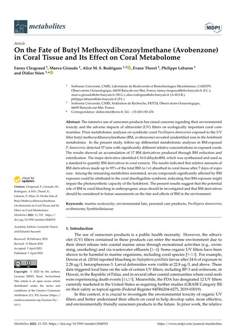 Pdf On The Fate Of Butyl Methoxydibenzoylmethane Avobenzone In Coral Tissue And Its Effect