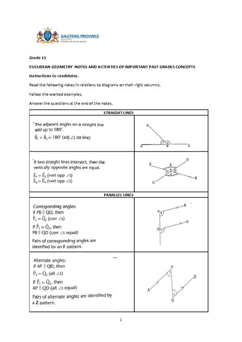Grade Euclidean Pre Teaching Grade EUCLIDEAN GEOMETRY NOTES AND ACTIVITIES OF IMPORTANT