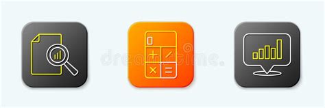 Set Line Document With Graph Chart Calculator And Pie Infographic Icon Vector Stock