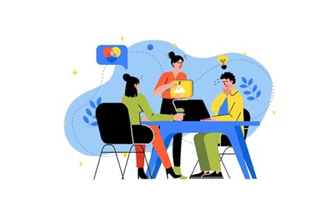 플랫 만화 디자인의 사람들 장면을 사용한 크리에이티브 에이전시 개념 창의적인 사람들로 구성된 팀은 멋진 프로젝트 벡터 그림을 만들기 위해 함께 작업합니다 프리미엄 벡터