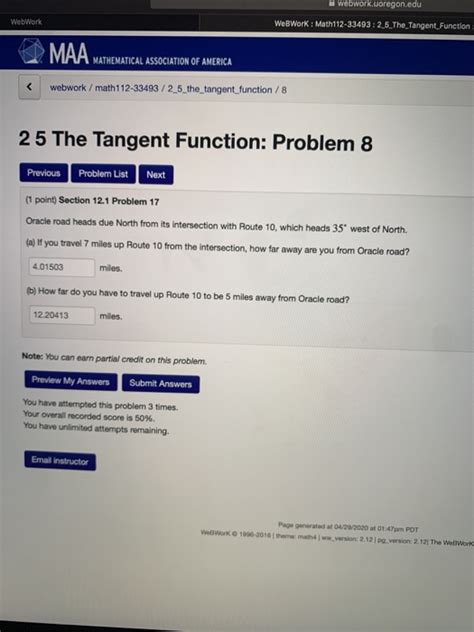 Solved The Tangent Function Problem Previous Problem Chegg