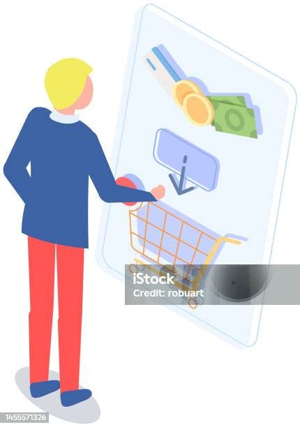 전자 상거래 판매 온라인 쇼핑 디지털 마케팅 남자는 인터넷 상점에서 물건을 선택하고 산다 3차원 형태에 대한 스톡 벡터 아트 및 기타 이미지 Istock