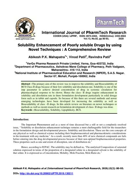 Pdf Solubility Enhancement Of Poorly Soluble Drugs By Using Novel Techniques A Comprehensive