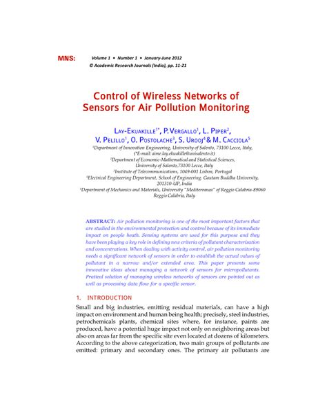 Pdf Control Of Wireless Networks Of Sensors For Air Pollution Monitoring