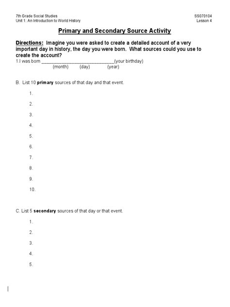 Lesson 4 Primary And Secondary Source Activity Pdf