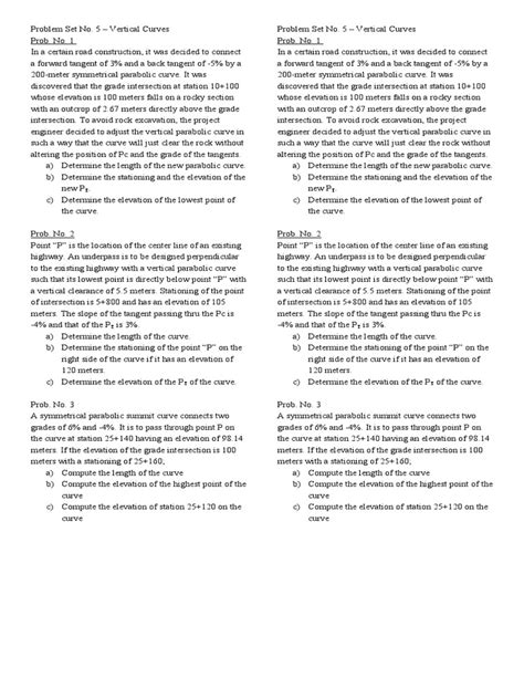 Vertical Curve Problem Set Pdf Tangent Slope