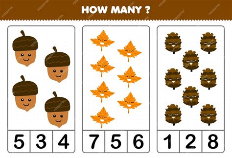 귀여운 만화 도토리 단풍잎 솔방울 인쇄 가능한 자연 워크시트의 수를 세는 어린이를 위한 교육 게임 프리미엄 벡터