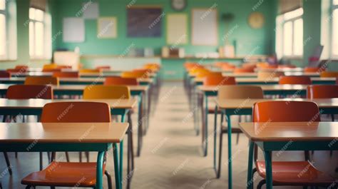 Premium Ai Image Classroom With Rows Of Chairs And Tables Toned Image Generative Ai