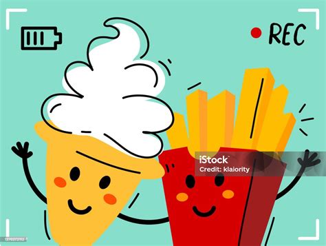 행복한 패스트 푸드 캐릭터의 벡터 귀여운 일러스트는 함께 카메라에 비디오를 녹화합니다 녹색 배경에 와플에 감자 튀김과 아이스크림 일러스트레이션에 대한 스톡 벡터 아트 및