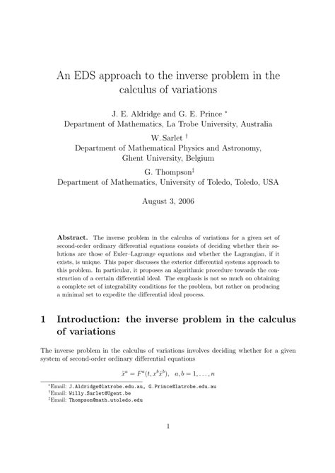 PDF An EDS Approach To The Inverse Problem In The Calculus Of Variations