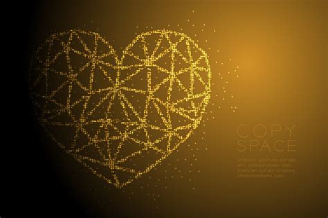 심장 아이콘 추상적인 기하학적 Bokeh 빛 원형 도트 픽셀 패턴 발렌타인의 날 개념 디자인의 골드 컬러 일러스트 레이 션의 골드 그라데이션 배경 복사 공간에 고립 된 벡터