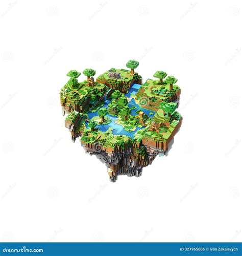 3d Isometric Floating Island With Lakes And Trees Vector Illustration