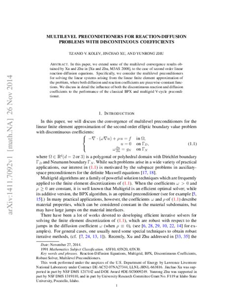 Pdf Multilevel Preconditioners For Reaction Diffusion Problems With Discontinuous Coefficients