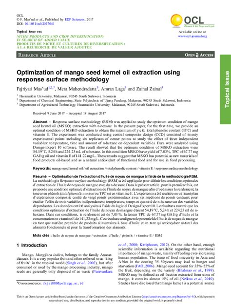 pdf optimization of mango seed kernel oil extraction using response