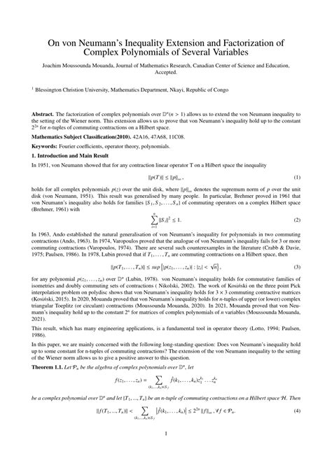 Pdf On Von Neumanns Inequality Extension And Factorization Of Complex Polynomials Of Several
