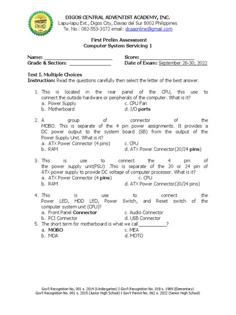 Css11 First Prelim Exam Answerkey Pdf Manufactured Goods Equipment