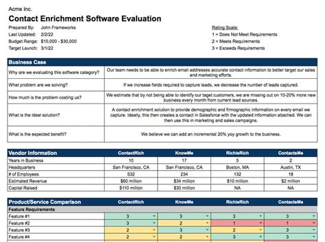 software evaluation template growth business templates