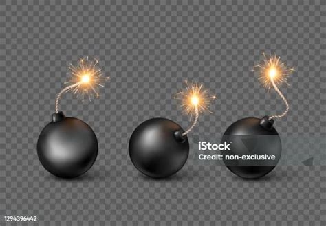 폭탄 세트 불타는 것은 사실적인 스타일로 검은 폭탄을 융합합니다 투명 한 배경에 격리 된 벡터 그림 폭격에 대한 스톡 벡터 아트 및 기타 이미지 Istock