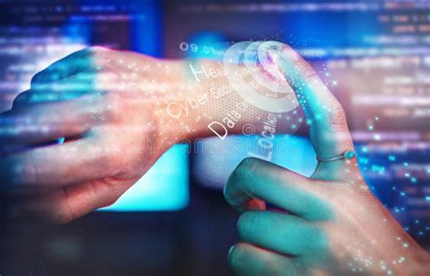 Hands Hacking And Cybersecurity Hologram Button And Choice With Malware Futuristic Technology
