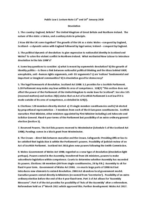 Public Law 1 Lecture Note Devolution 13th And 14th January 2020 Public Law 1 Lecture Note 13th