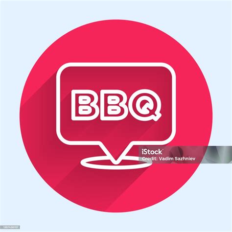 긴 그림자로 격리 된 화이트 라인 바베큐 아이콘 열 기호 바베큐 그릴 파티 빨간색 원 버튼입니다 벡터 고기에 대한 스톡 벡터