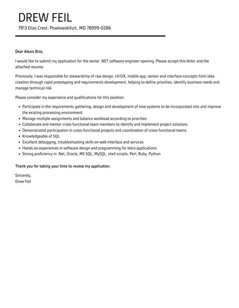 Senior Net Software Engineer Cover Letter Velvet Jobs