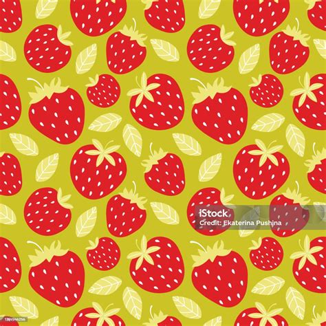 녹색 배경에 육즙 이 빨간 딸기의 원활한 패턴 전체 와 절반 달콤한 열매 여름 다채로운 배경 스칸디나비아 스타일의 손으로 그린 벡터 어린이 용 텍스타일 디자인 건강한 생활