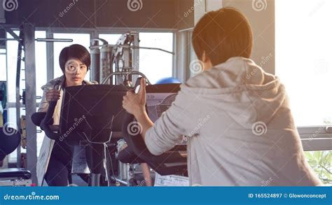 Mirror Reflect Asian Woman Exercise Gym Bicycle Concentration Excercise Stock Image Image Of