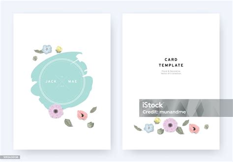 미니 멀 꽃 결혼 초대장 카드 서식 파일 디자인 Nemophila 거 베라 양 귀 비와 흰색 배경 파스텔 빈티지 테마 블루 배지와 잎 거베라데이지에 대한 스톡 벡터 아트 및