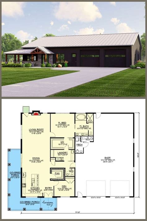 1 Bedroom One Story Barndominium Style House With Massive Shop Floor Plan